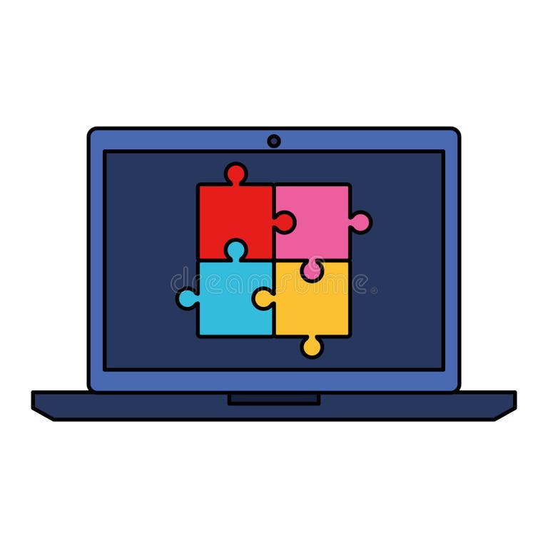 Laptop with Puzzle Game Pieces Solution Stock Illustration ...
