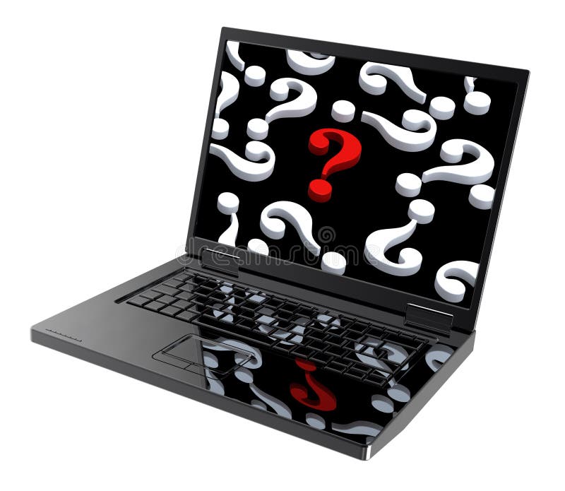 Laptop with Question Marks on the Screen Isolated Over White. Stock ...