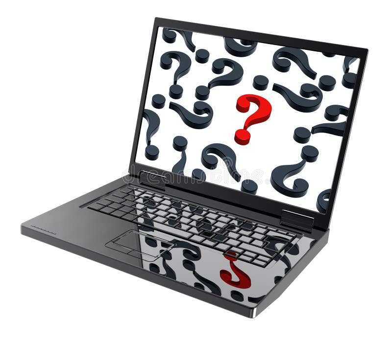 Laptop with Question Marks on the Screen Isolated Over White. Stock ...