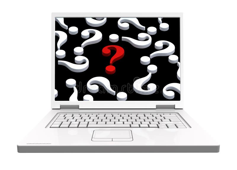Laptop with Question Marks on the Screen Isolated Over White. Stock ...