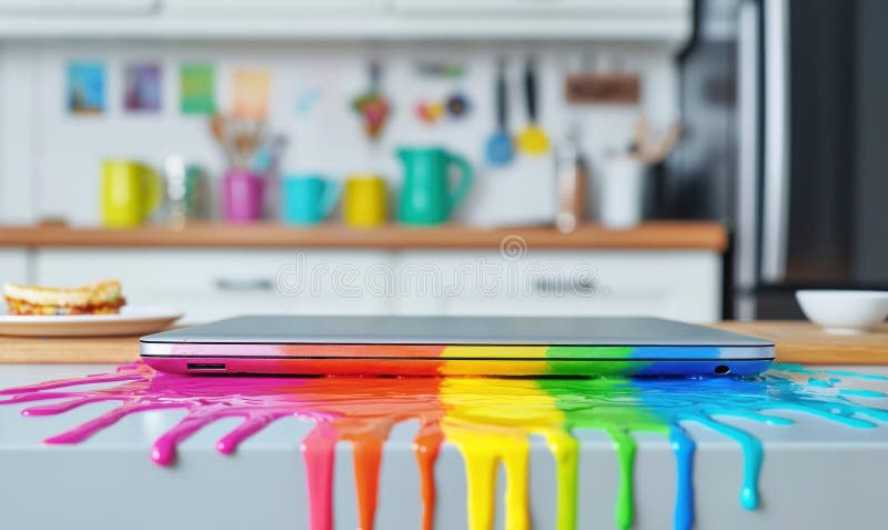 A Laptop with Rainbow-colored Paint Dripping on a Kitchen Counter, a ...