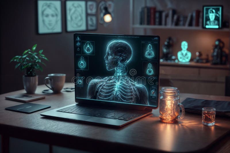 Laptop with X-ray Image of Human Body on Table in Office Stock ...