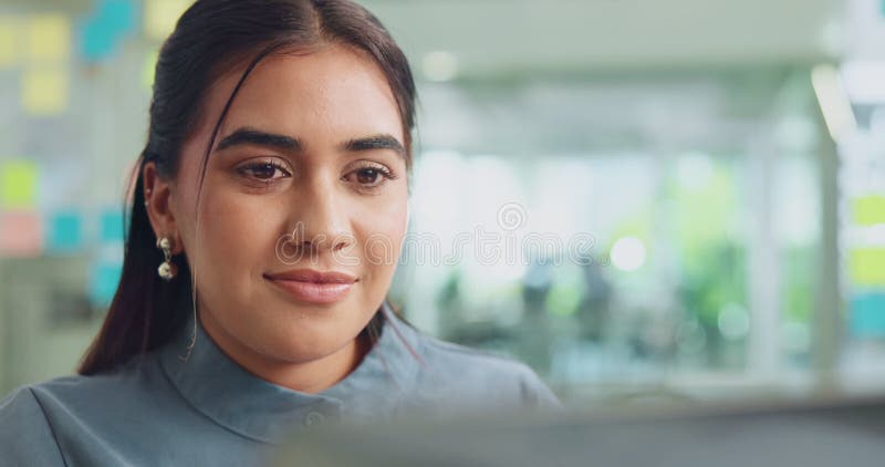 Laptop, Reading and Smile with Business Woman in Office for Coding ... Laptop, Reading and Smile with Business Woman in Office for Coding ...