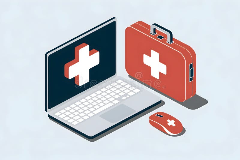 Laptop with Red Cross on Screen Next To Red Suitcase, Emergency Themed ...