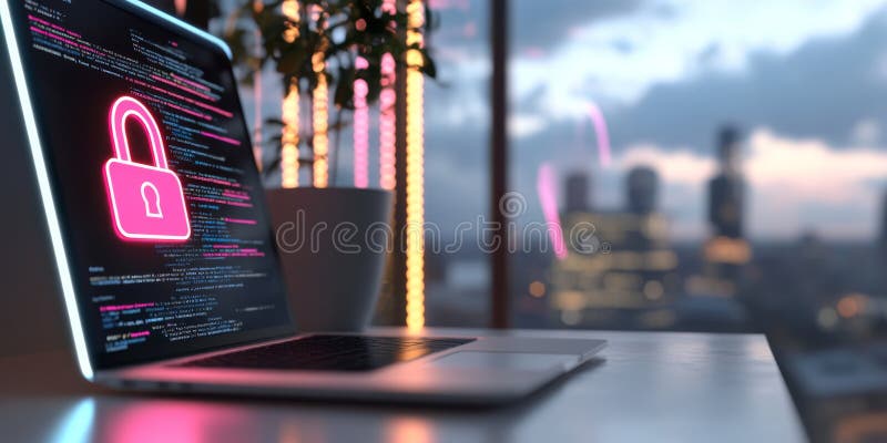 Laptop with Red Glowing Padlock and Code on Screen in Neon Pink Room ...