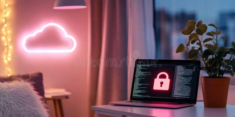 Laptop with Red Glowing Padlock and Code on Screen in Neon Pink Room ...