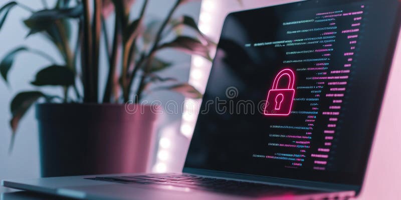 Laptop with Red Glowing Padlock and Code on Screen in Neon Pink Room ...