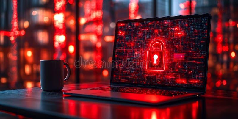 A Laptop with a Red Lock on the Screen and a Coffee Cup on the Table ...