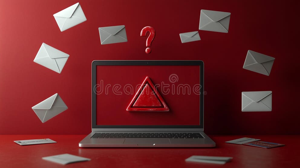 Laptop with Red Triangle and Question Mark Surrounded by Envelopes ...