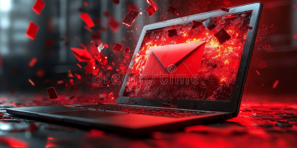 Laptop with Red Warning Icon and Floating Email Notifications Stock ...