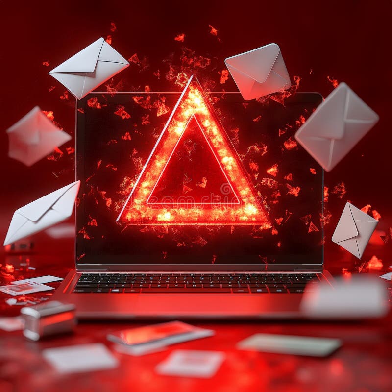 Laptop with Red Warning Icon and Floating Email Notifications Stock ...