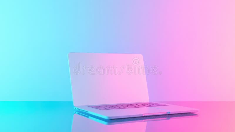 Laptop on Reflective Surface with Vibrant Neon Lighting Stock ...