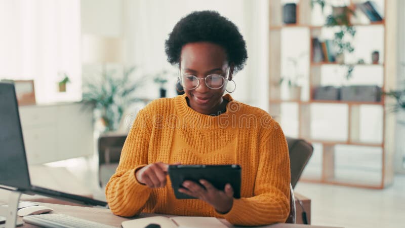 Laptop, Remote Work and Tablet with Black Woman in Home Office for ...