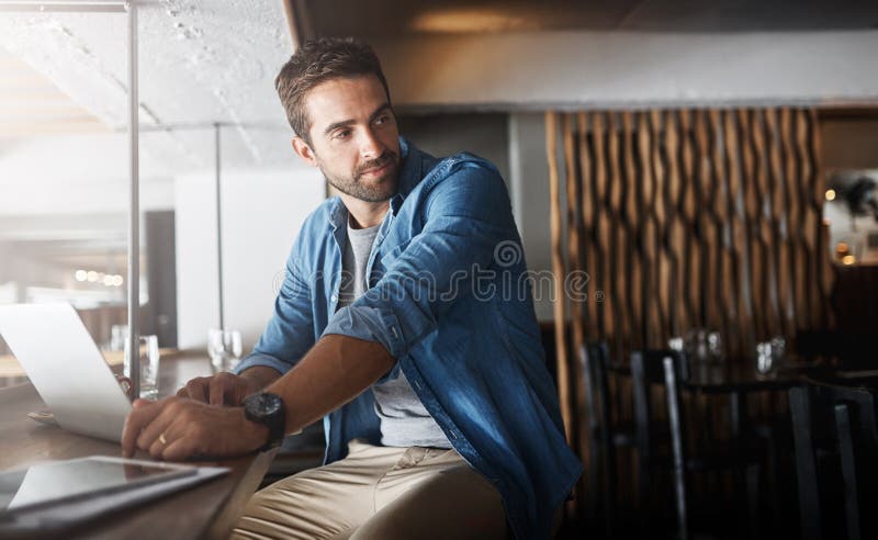 Laptop, Remote Work and Thinking with Man in Cafe for Idea, Networking ...