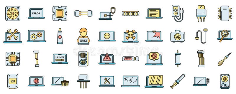 Laptop Repair Icons Set Vector Color Line Stock Vector - Illustration ...