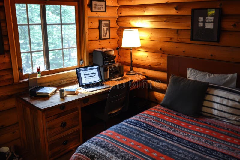 A Laptop Rests on a Desk Inside a Cozy Cabin Room. Stock Image - Image ...
