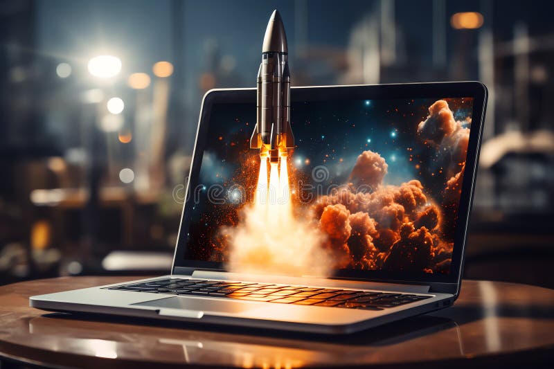 Laptop with a Rocket Taking Off. Generative AI Stock Illustration ...