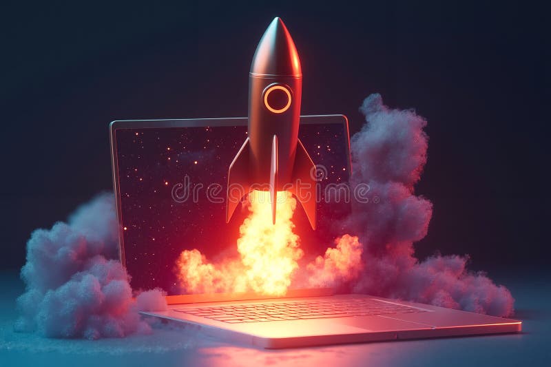A Laptop with a Rocket Coming Out of the Screen Stock Image - Image of ...