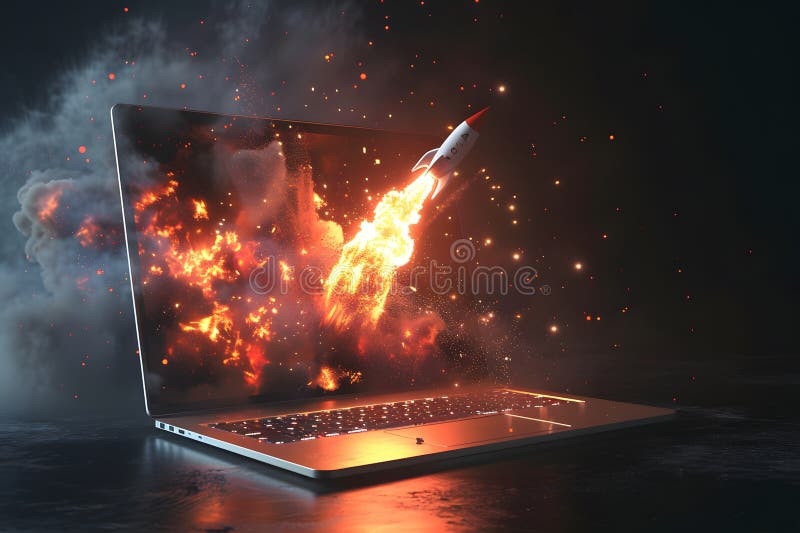 Rocket Emerging from Laptop Screen with Explosion Effect - AI Generated ...