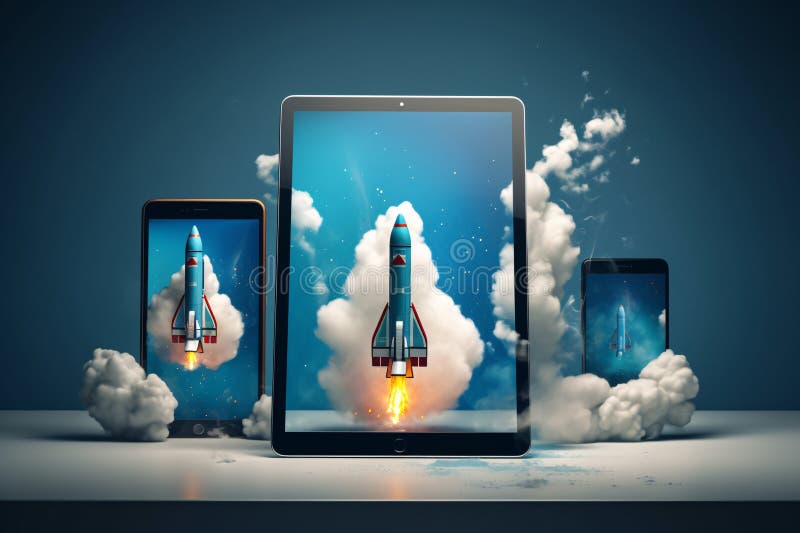 Laptop with Rocket Flying Out of Screen Stock Illustration ...