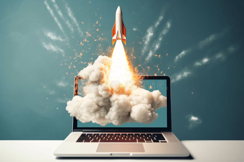 Laptop with Rocket Flying Out of Screen Stock Illustration ...