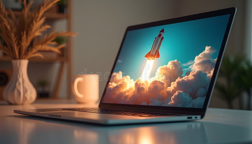 Laptop with Rocket Launch Image on Screen Stock Photo - Image of modern ...