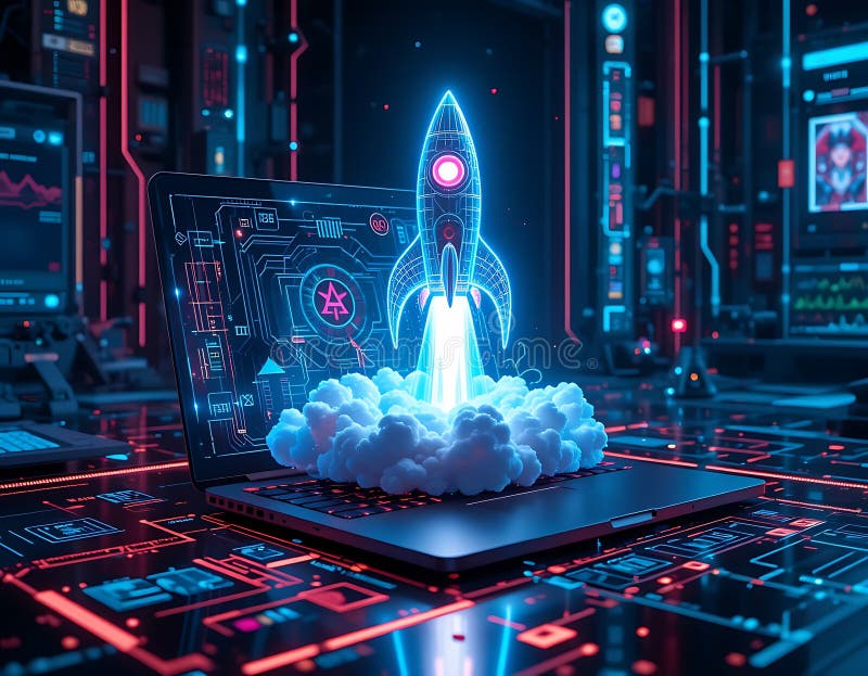 Laptop Rocket Launch Startup Technology Concept Stock Illustration ...