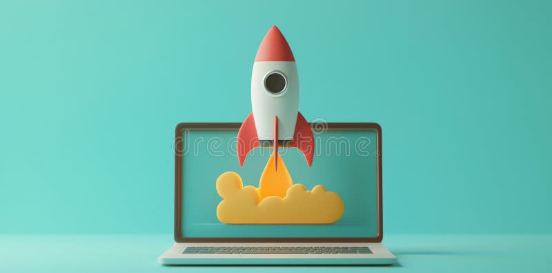 A Laptop with a Rocket Launch Symbolizing Startup Growth on an Abstract ...