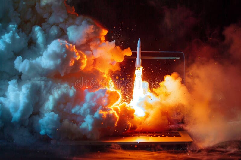 Laptop with Rocket Launching Amidst Fiery Explosion and Smoke Cloud ...