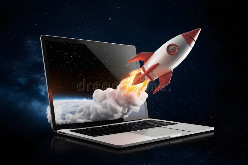 Laptop with Rocket Launching, Fiery Trail Against Space Backdrop Evokes ...
