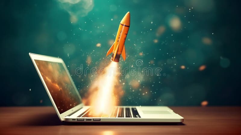 Laptop with a Rocket Taking Off. Generative AI Stock Illustration ...