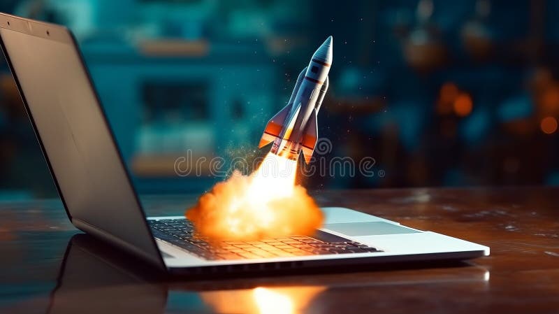 Laptop with a Rocket Taking Off. Generative AI Stock Illustration ...