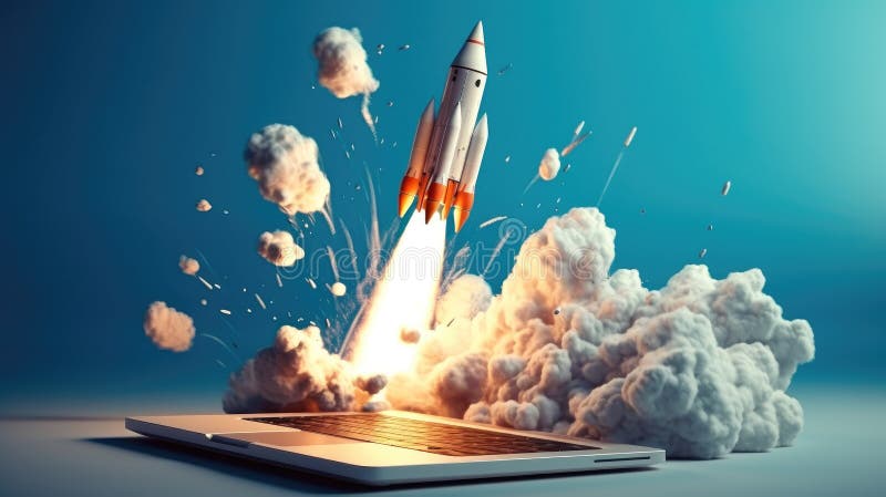 Laptop and Rocket Taking Off from the Screen, Blue Background, Startup ...