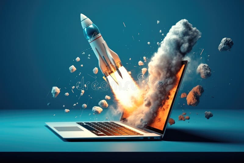 Laptop and Rocket Taking Off from the Screen, Blue Background, Startup ...