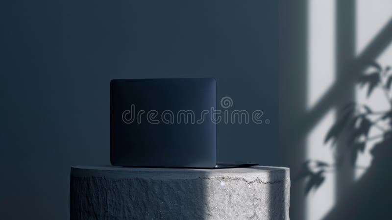 Laptop on a Rough Stone Surface in a Dimly Lit Room with Shadows ...
