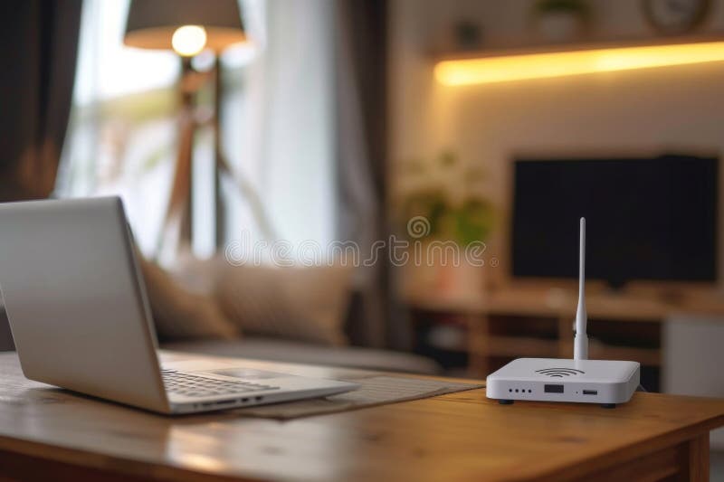 A Laptop and a Router on a Wooden Table in a Living Room Stock Photo ...