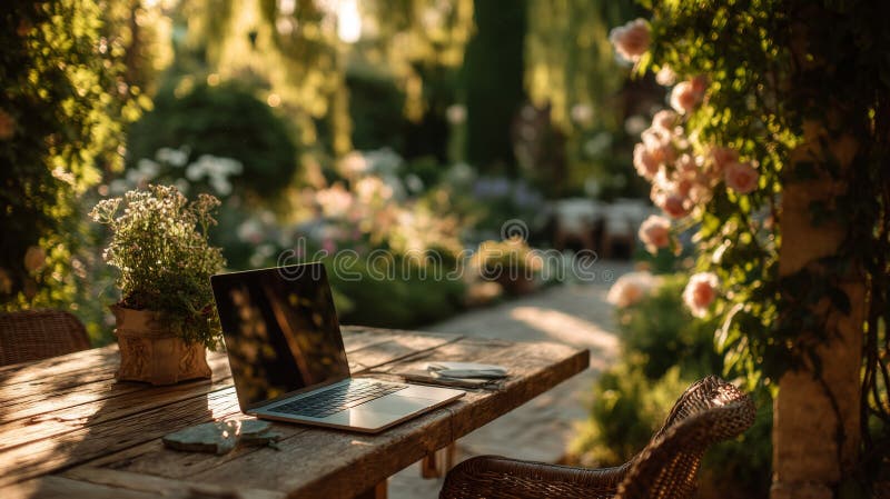 Laptop on Rustic Wooden Table in a Lush Garden Stock Illustration ...