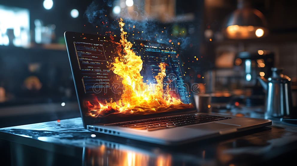 Laptop Screen Ablaze with Burning Code during Hacking Attack Cyber ...