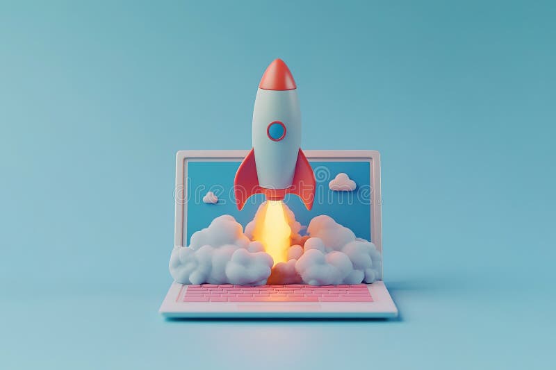 Laptop Screen Blast Off: Rocket Launching from Open Notebook ...