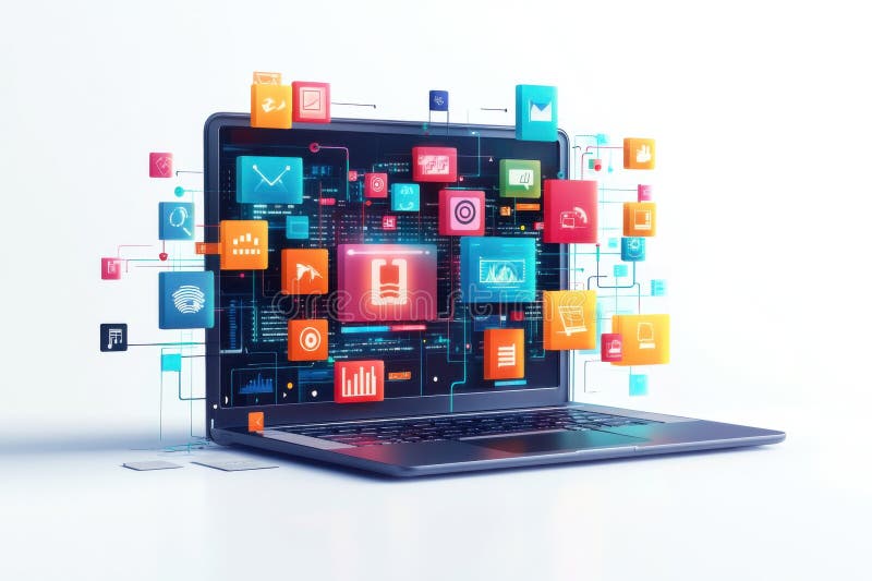 A Laptop Screen is Covered in Colorful Icons and Buttons Stock Image ...