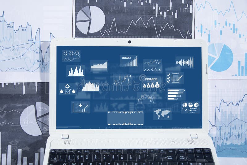 Laptop Screen with Data Analysis Graphs and Charts. Business Stock ...