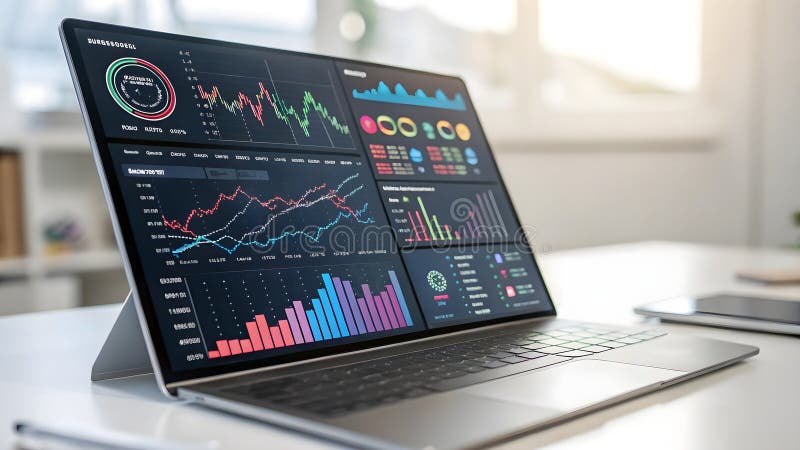 Laptop Screen Displaying Colorful Data Graphs Charts Stock Illustration - Illustration of ...