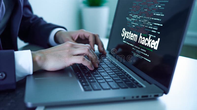 Close-up View of Hands Typing on Laptop with Screen Showing Cyber ...