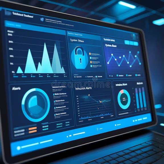 Laptop Screen Displaying a Cybersecurity Dashboard with a Sleek, Dark Blue Interface. Multiple ...