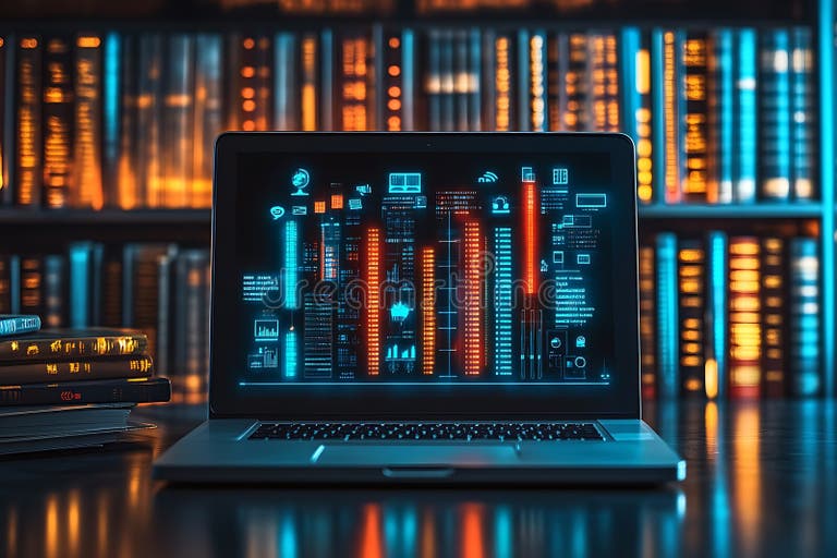 Laptop Screen Displaying Data Visualization in Library with Stack of Books on Table Stock ...
