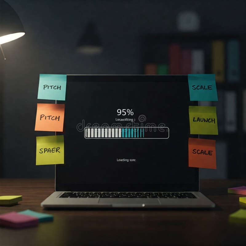 Loading Bar on Laptop Screen with Sticky Notes Saying Pitch, Launch ...