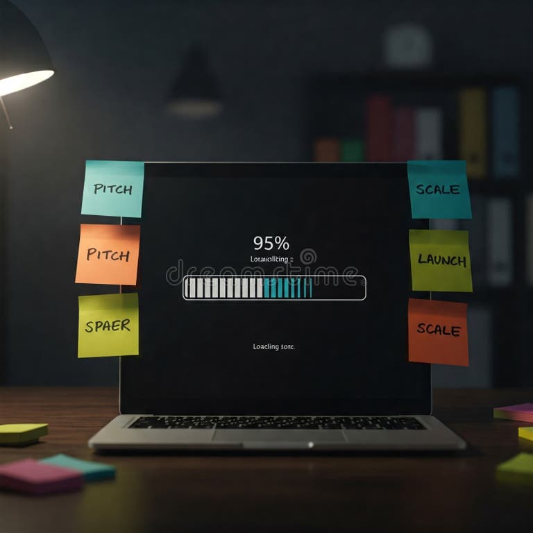 Loading Bar on Laptop Screen with Sticky Notes Saying Pitch, Launch ...