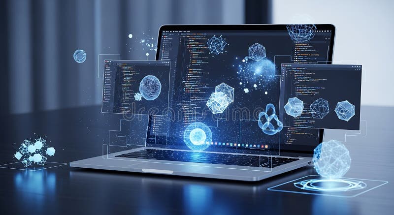 A Laptop with a Screen Displaying Programming Code and Blue Holographic Stock Illustration ...