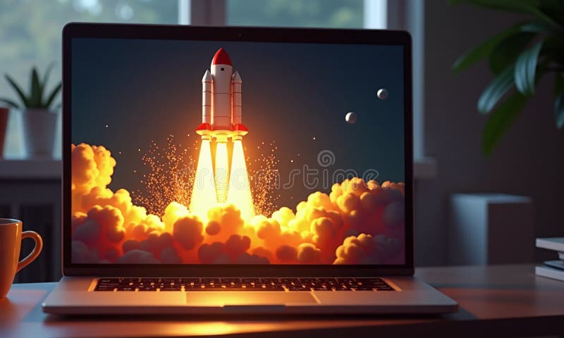 Laptop Screen Displaying Rocket Launch Explosive Liftoff Fiery Stock ...