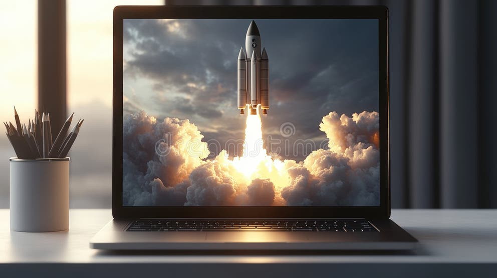 Laptop Screen Displaying a Rocket Launching through Dramatic Clouds at ...